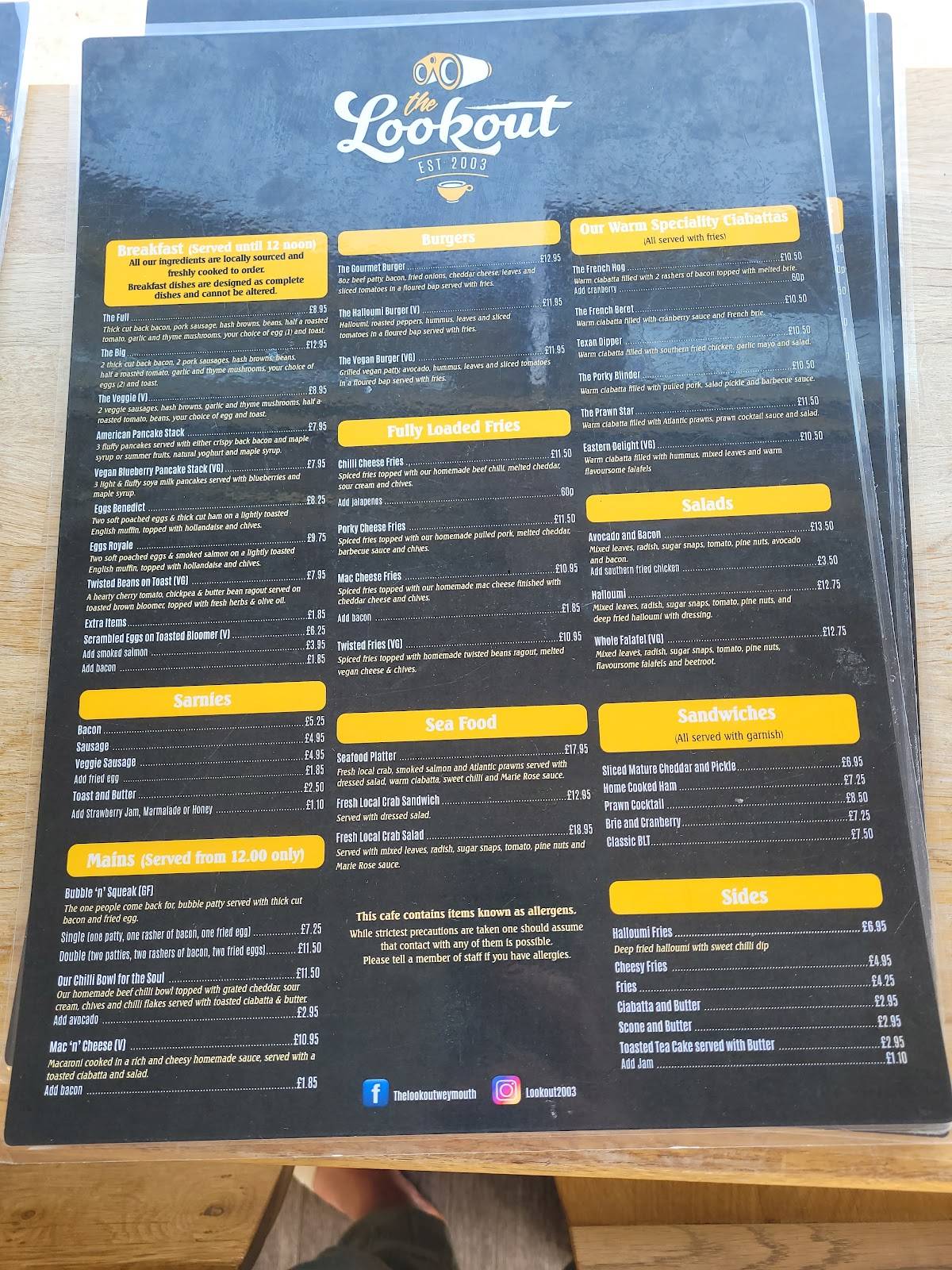 Menu at Lookout Cafe, Weymouth