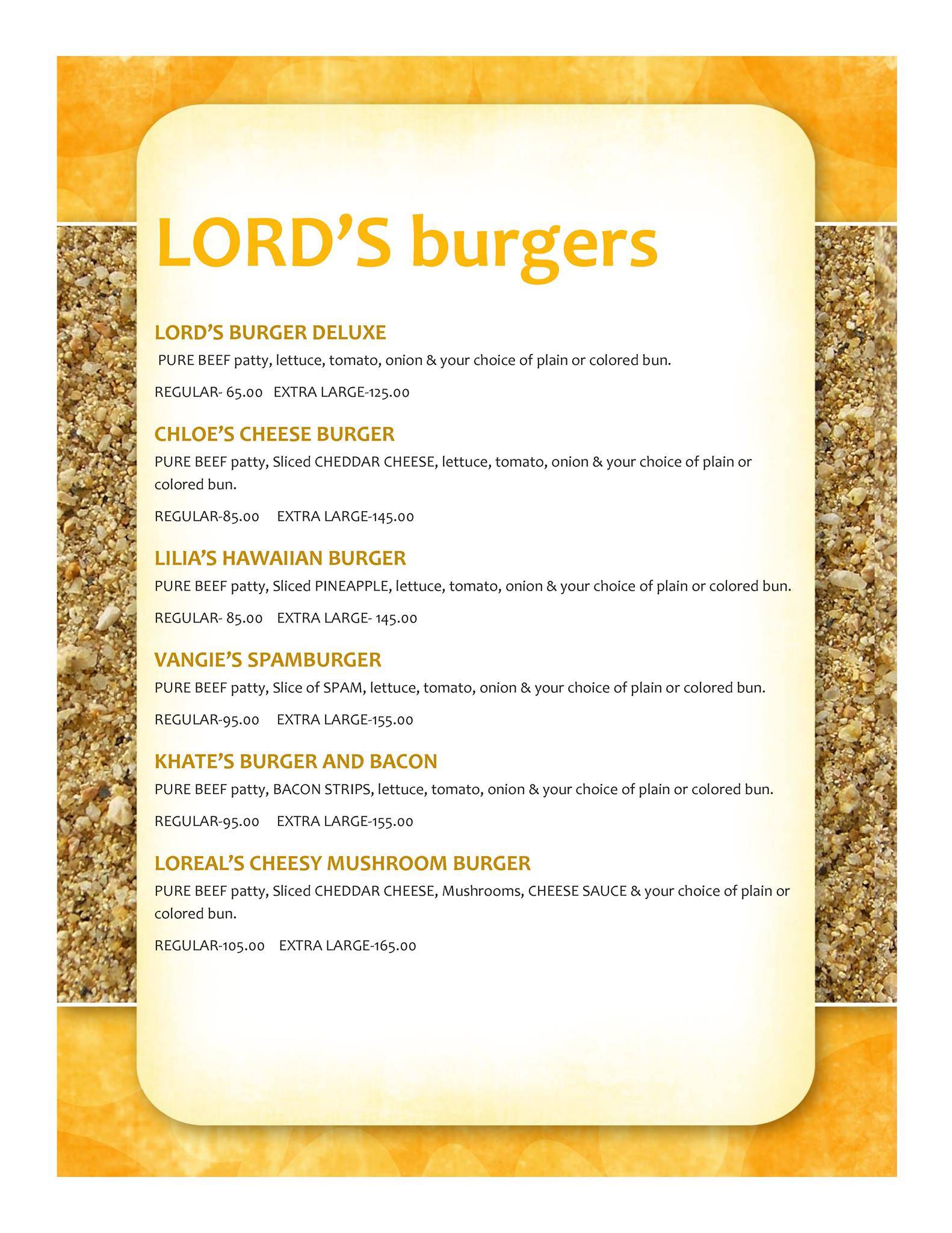 Carta del restaurante Lord's Burgers, Manila