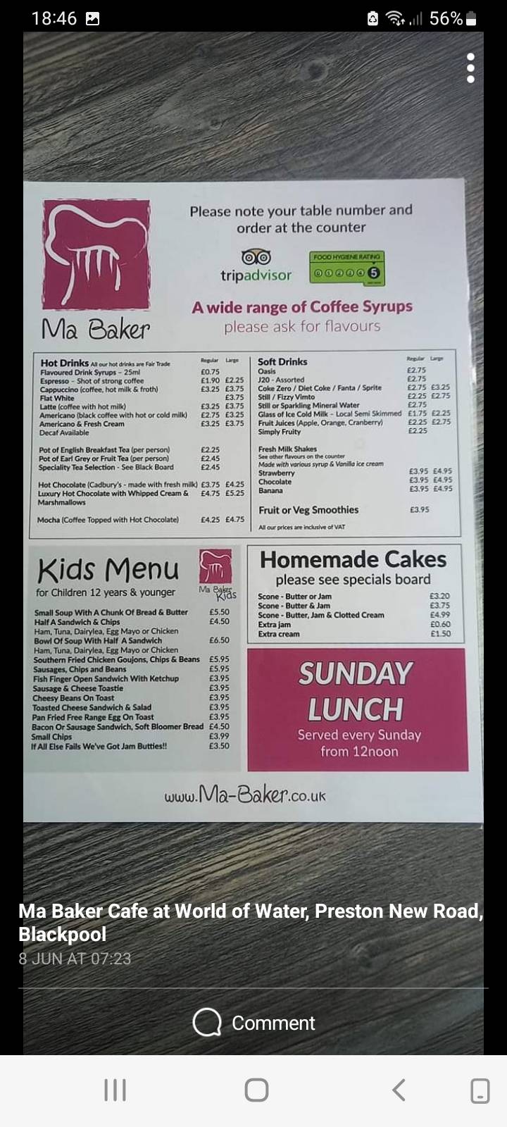 Menu at Ma Bakers Cafe @ World of Water, Ribby-with-Wrea