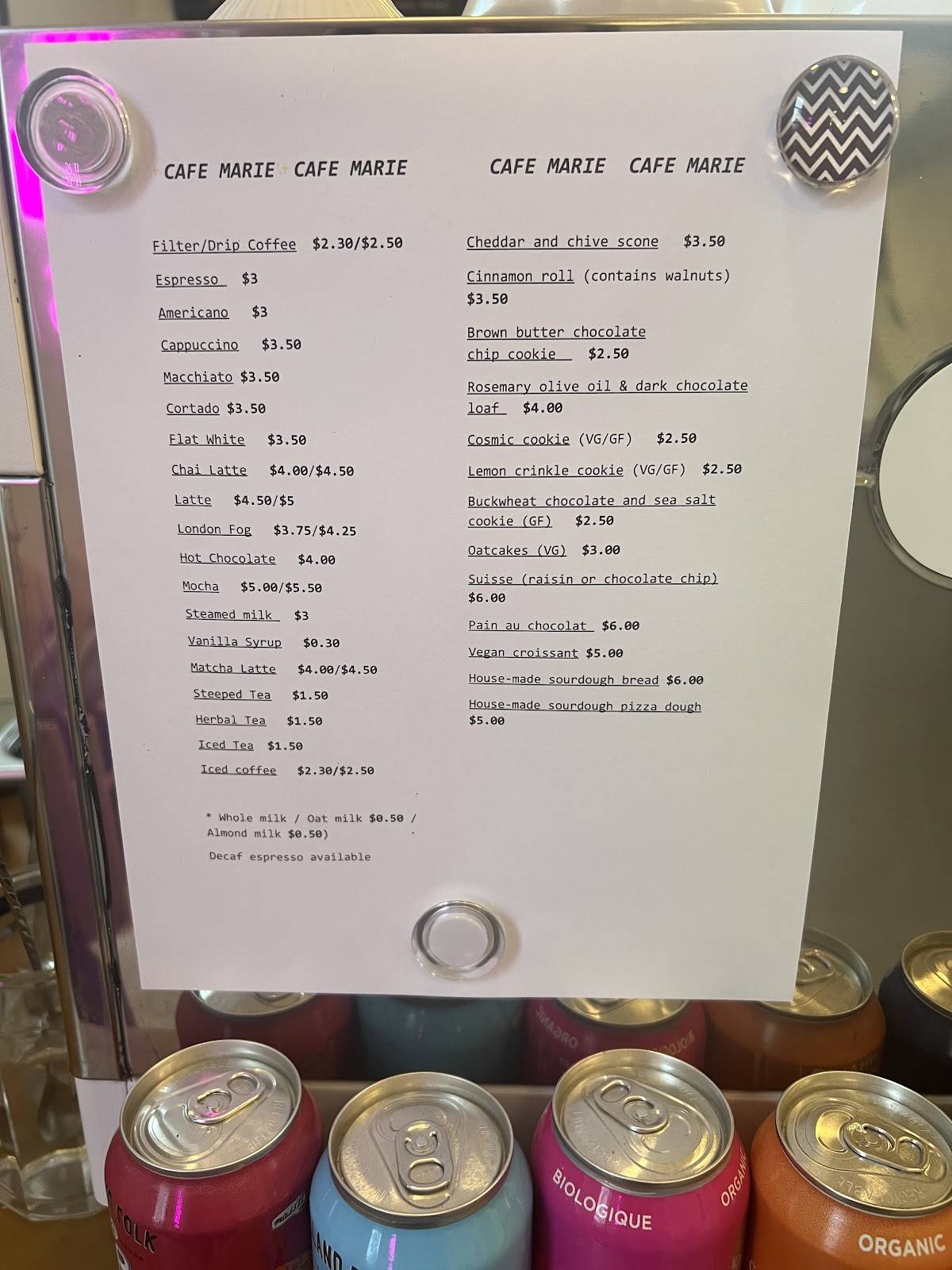 Menu au Cafe Marie, Sydney