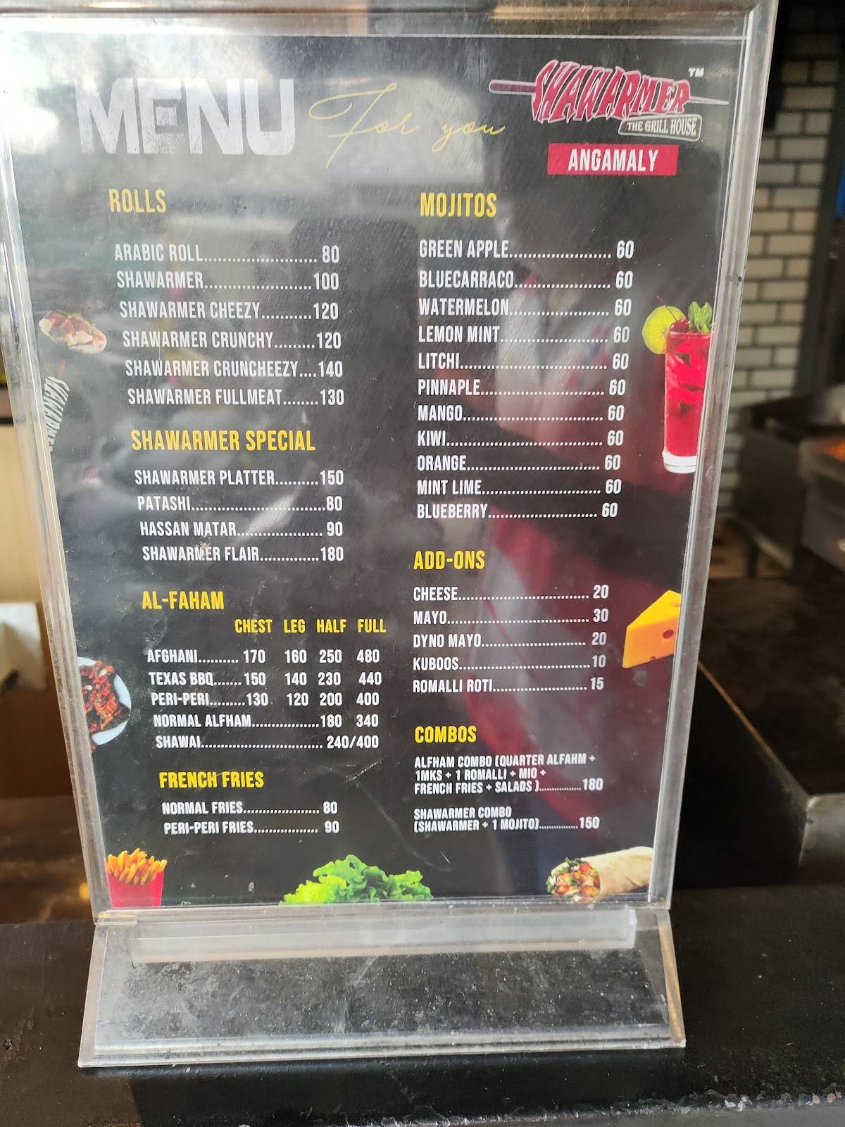 Menu at Metallo, The Night Café, Angamaly