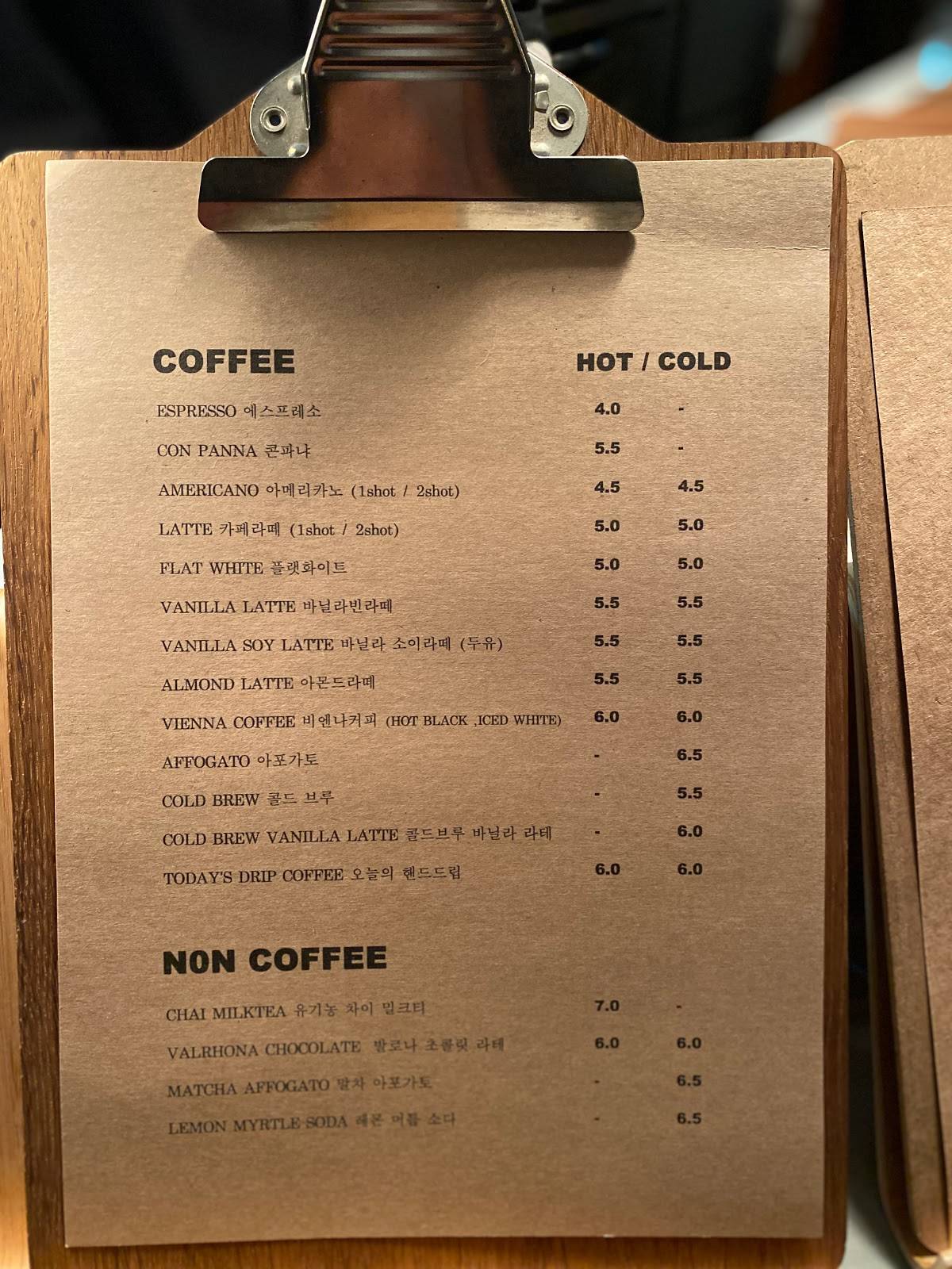 Menu at Milestone Coffee cafe, Seoul, 49 Nonhyeon-ro 159-gil