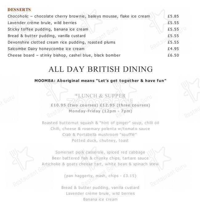 Menu at Moomba World Cafe, London