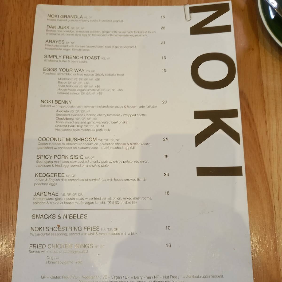 Menu at NOKI cafe, Christchurch