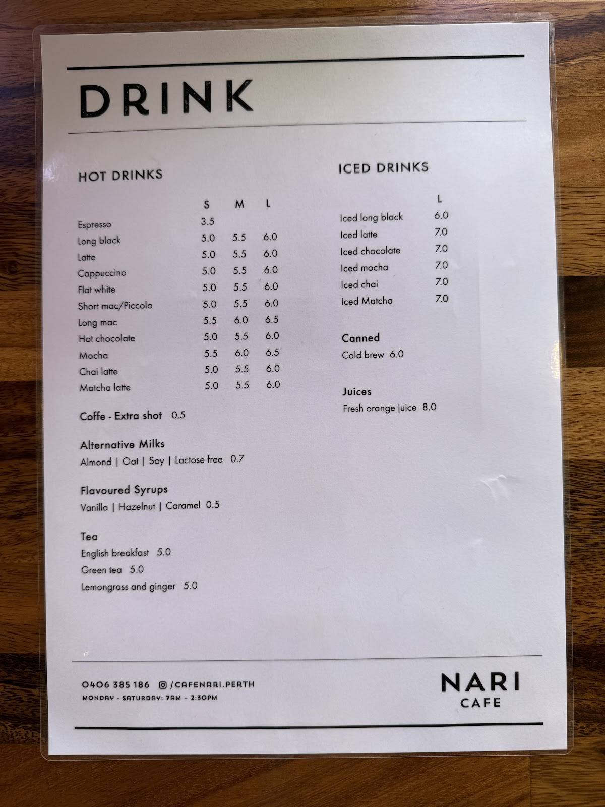 Menu at Cafe Nari, Leederville