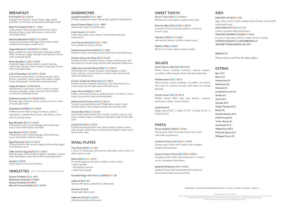 Menu at Cafe No 92, London