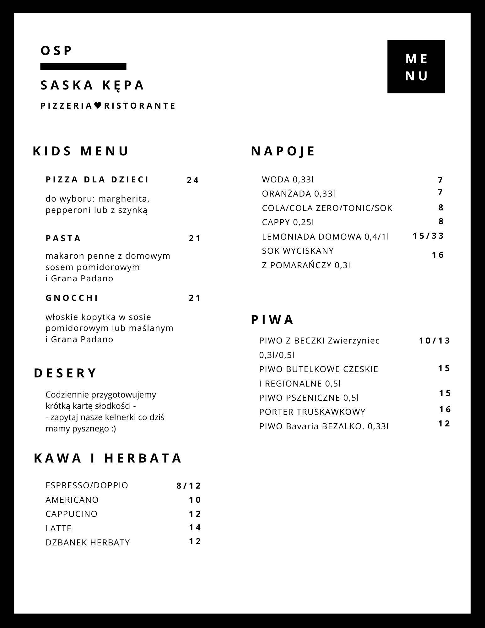 Menu at OSP SASKA KĘPA PIZZA I WINO cafe, Warsaw