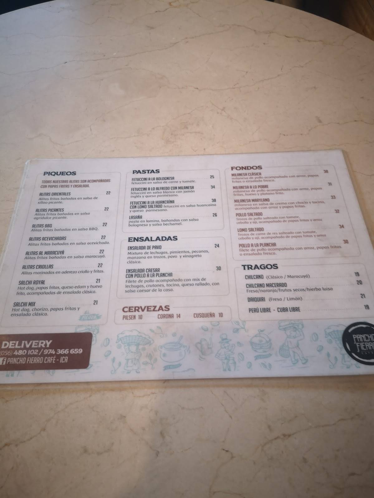 Carta de Pancho Fierro Café Ica, Ica
