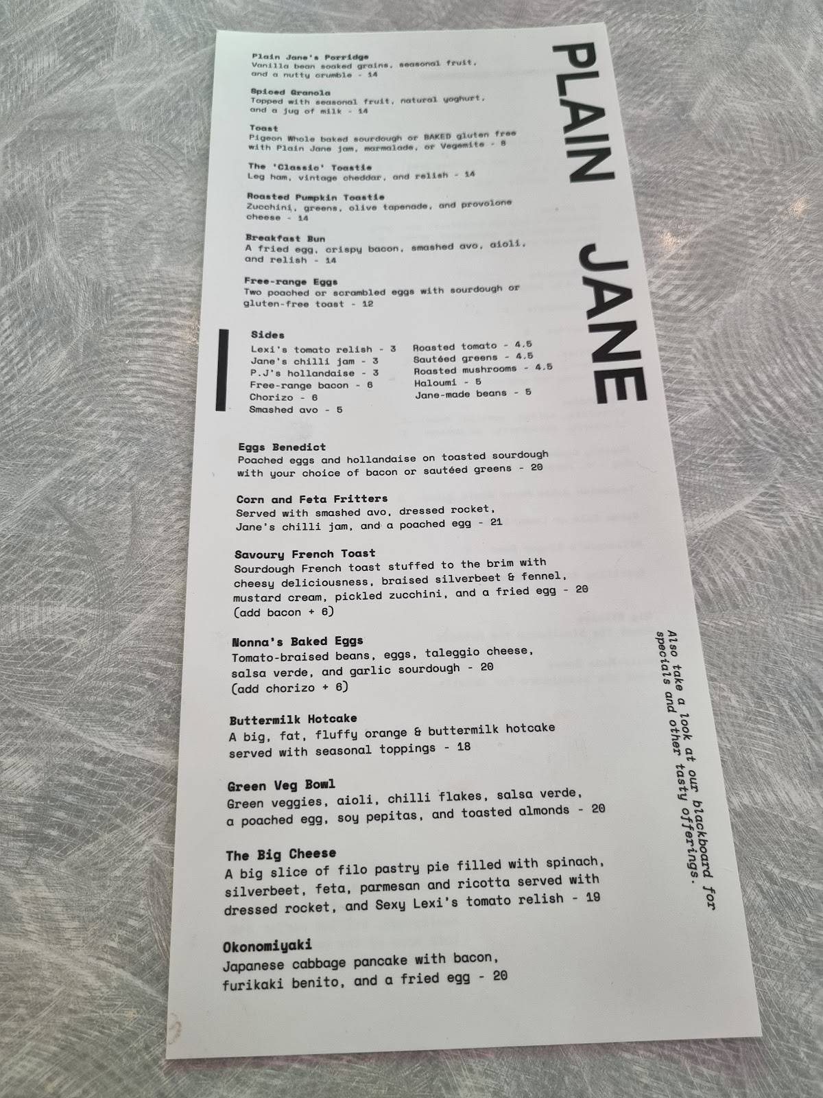 Menu at Plain Jane cafe, Moonah
