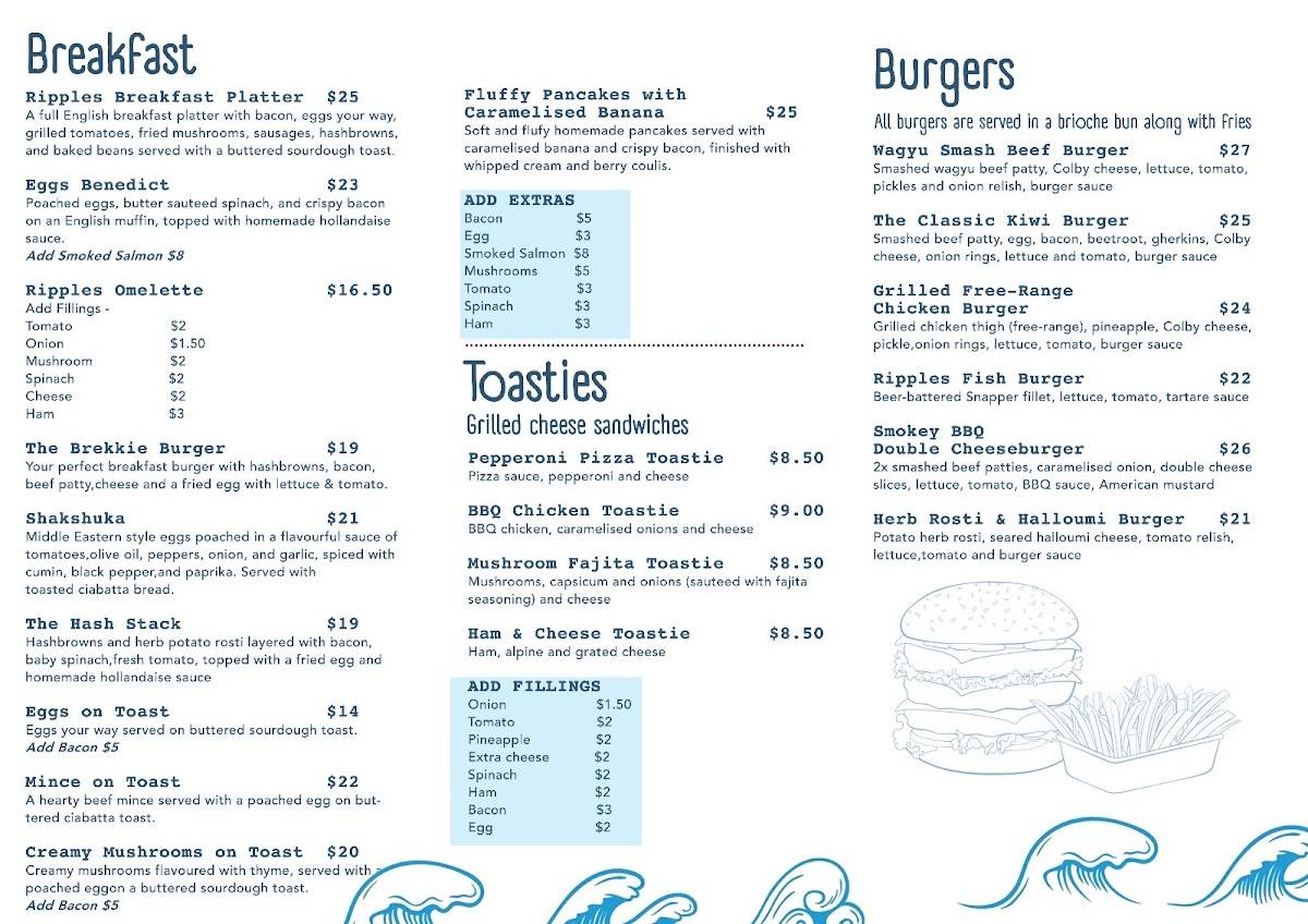 Menu at Ripples Cafe on the Marina, Auckland