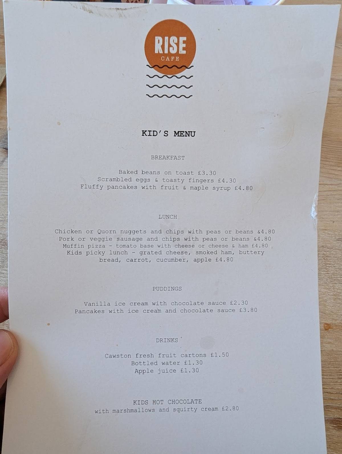 Menu at Rise cafe, Worthing, Coronation Buildings