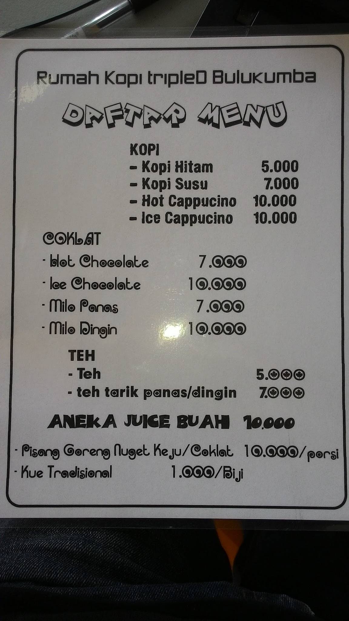Menu at Rumah Kopi tripleD cafe, Caile