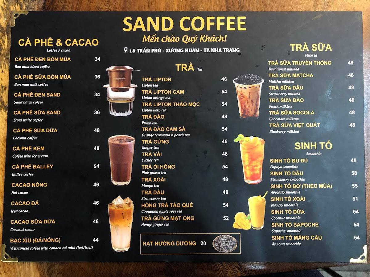 Menu at Sand Coffee cafe, Ninh Hòa