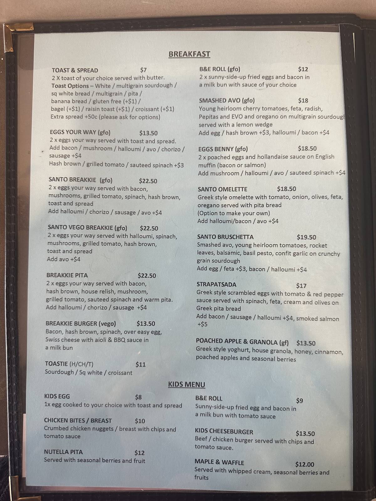 Menu at Santo Cafe & Restaurant, Dural