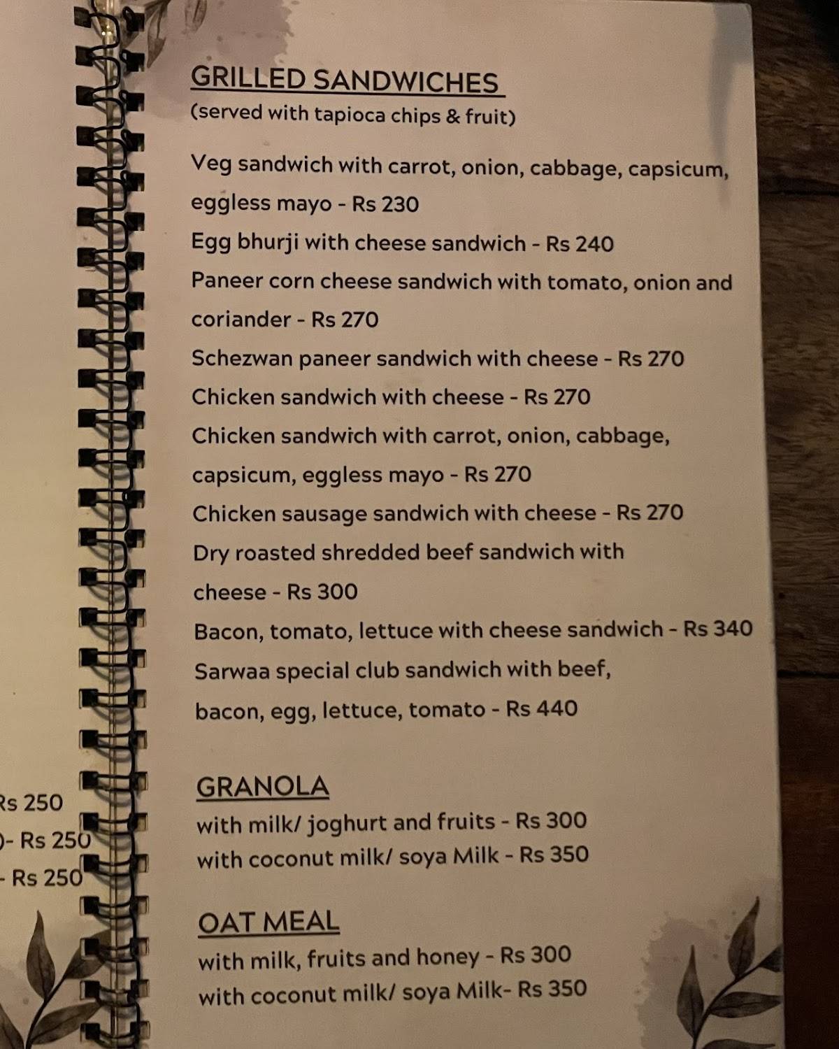 Menu at Cafe Sarwaa, Varkala