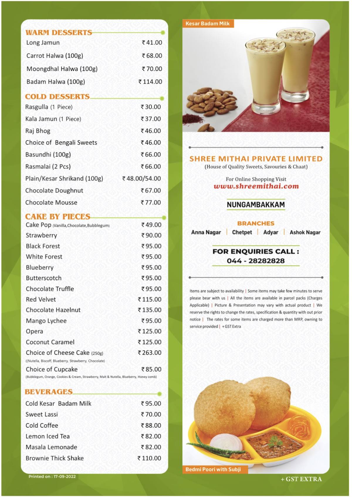 Menu at Shree Mithai, Chennai, Ground Floor