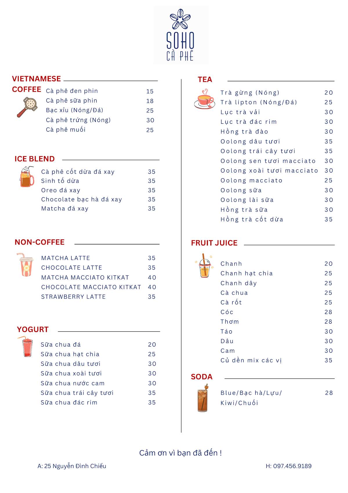 Menu at Soho Cà Phê pub & bar, Pleiku
