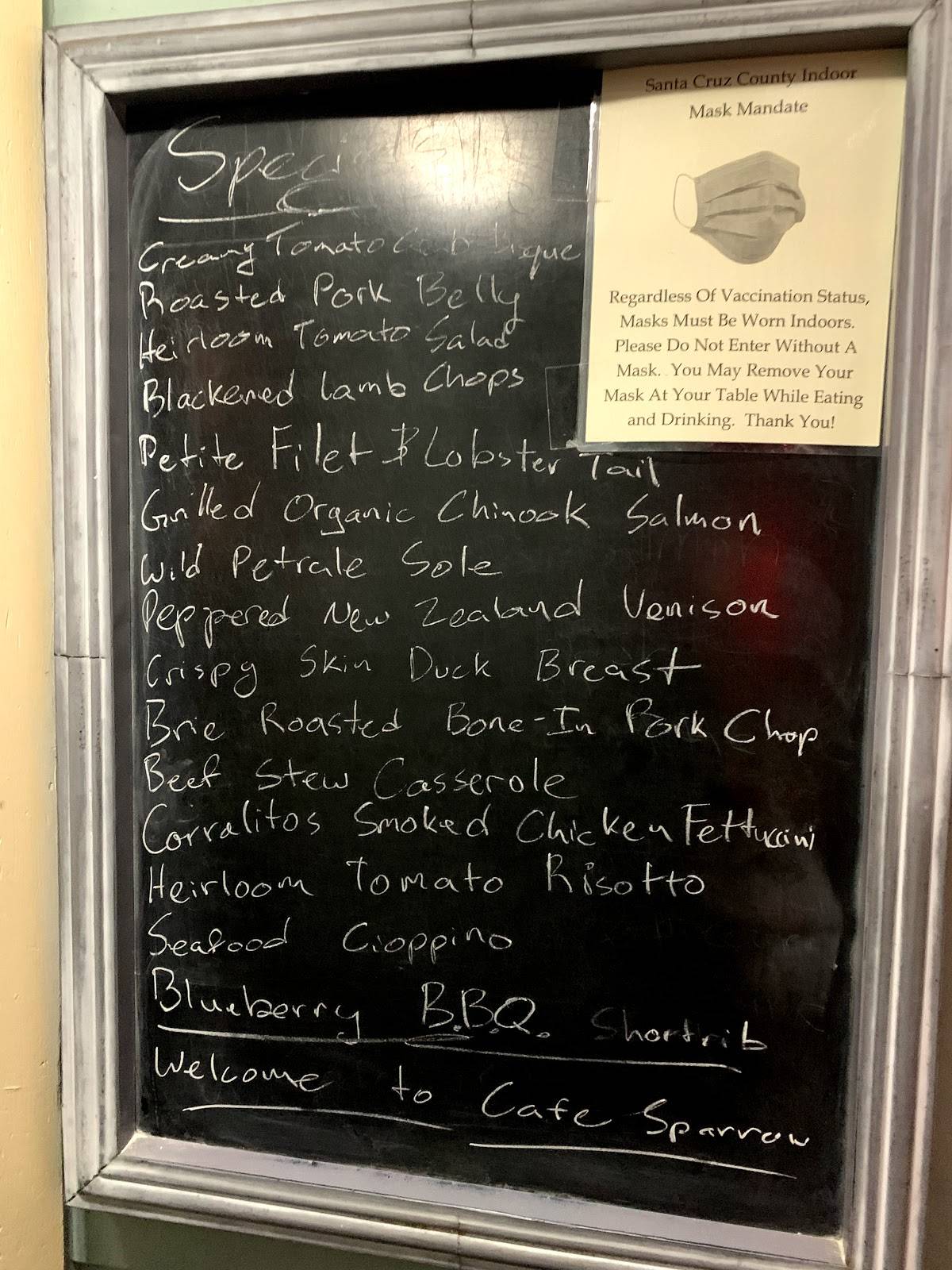 Menu at Café Sparrow restaurant, Aptos