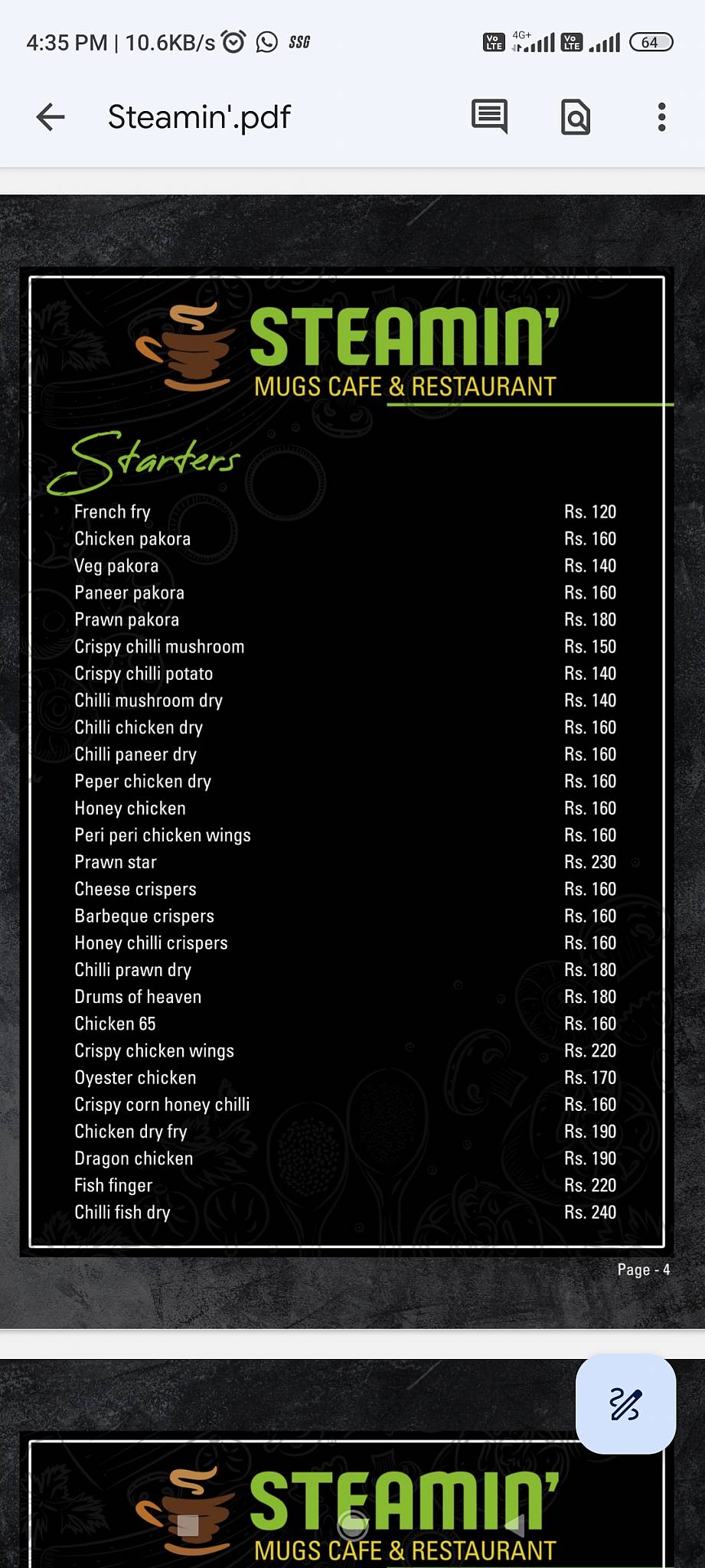 Menu at Steaming Mugs, Agartala