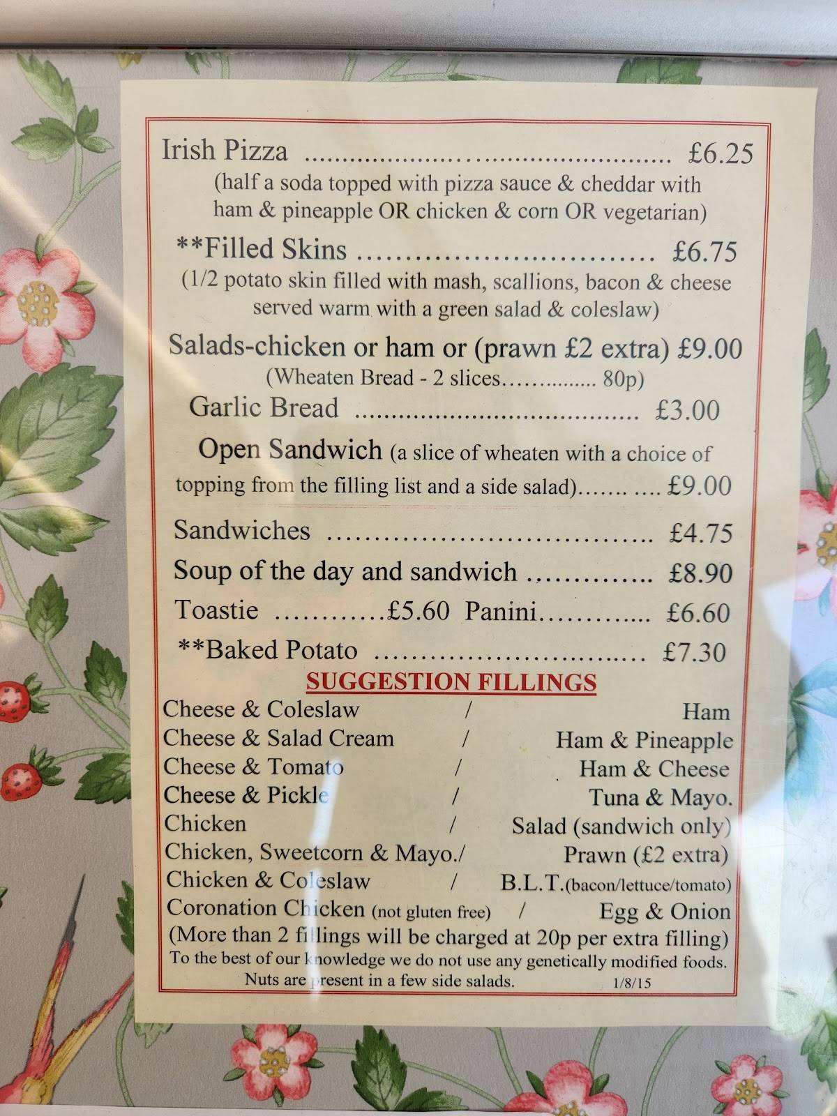 Menu at Strawberry Fayre cafe, Coleraine