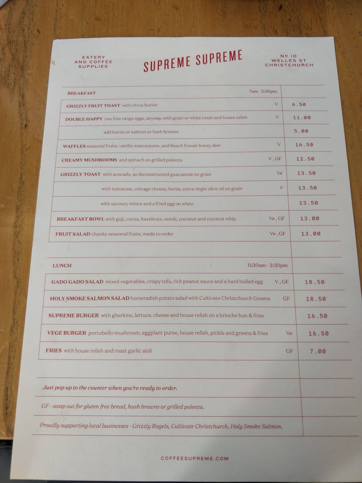 Menu at Supreme Supreme cafe, Christchurch