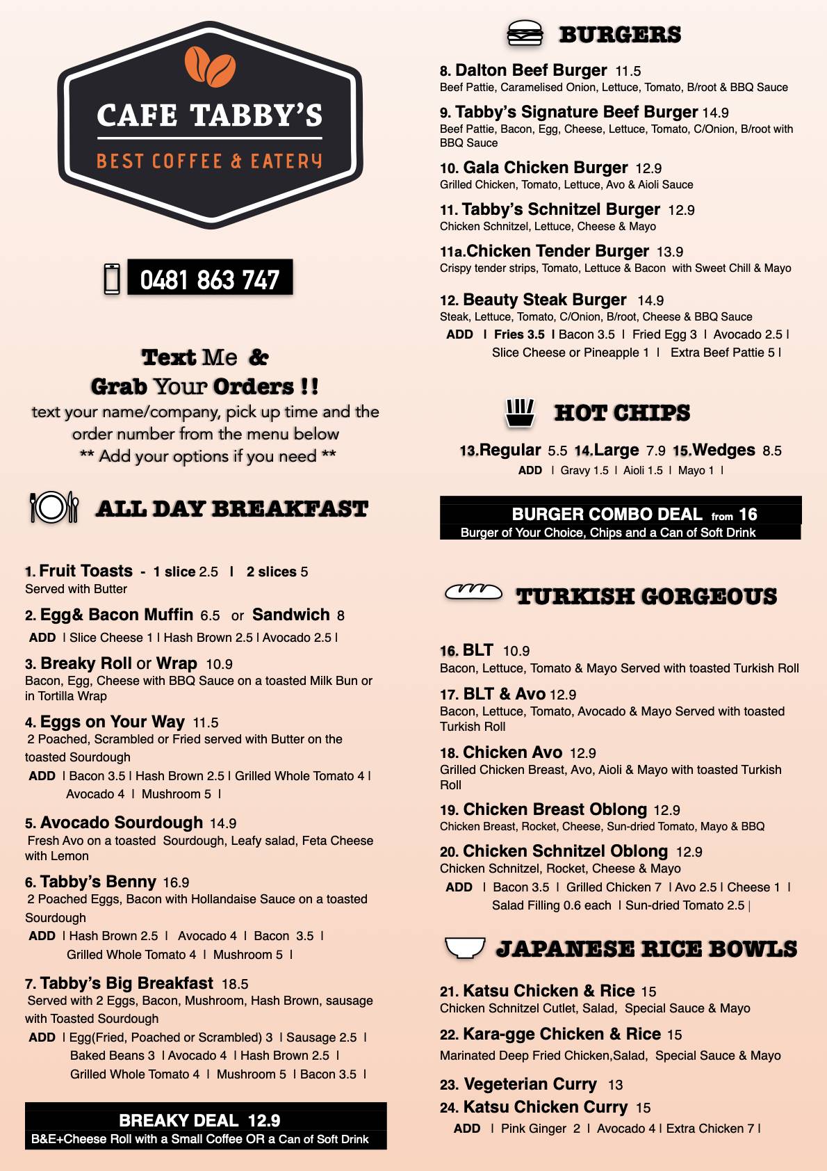Menu at Cafe Tabby's, Upper Coomera