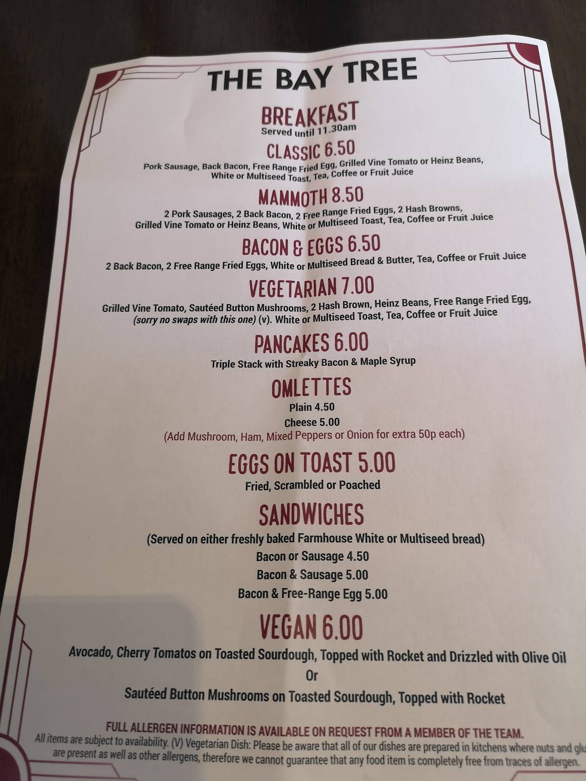 Menu at The Bay Tree restaurant, Bournemouth