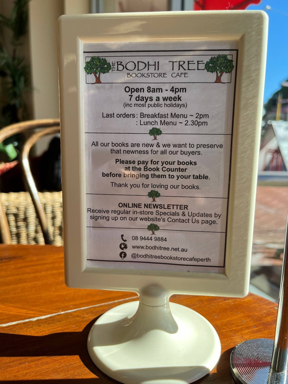 Menu at The Bodhi Tree cafe, Mount Hawthorn