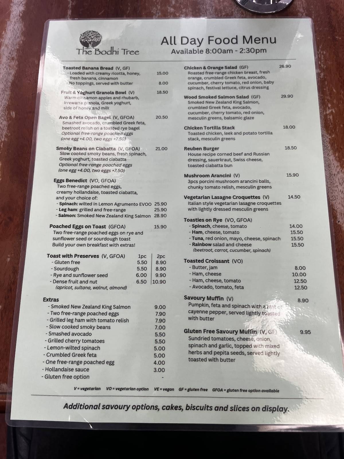 Menu at The Bodhi Tree cafe, Mount Hawthorn