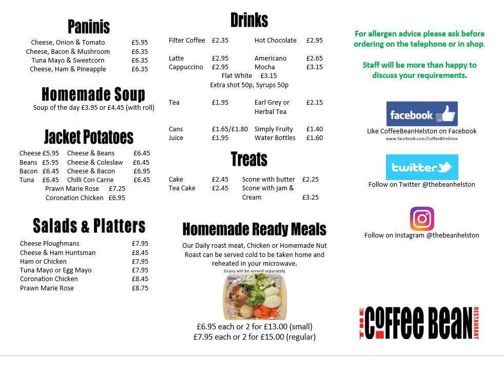Menu at The Coffee Bean Restaurant, Helston