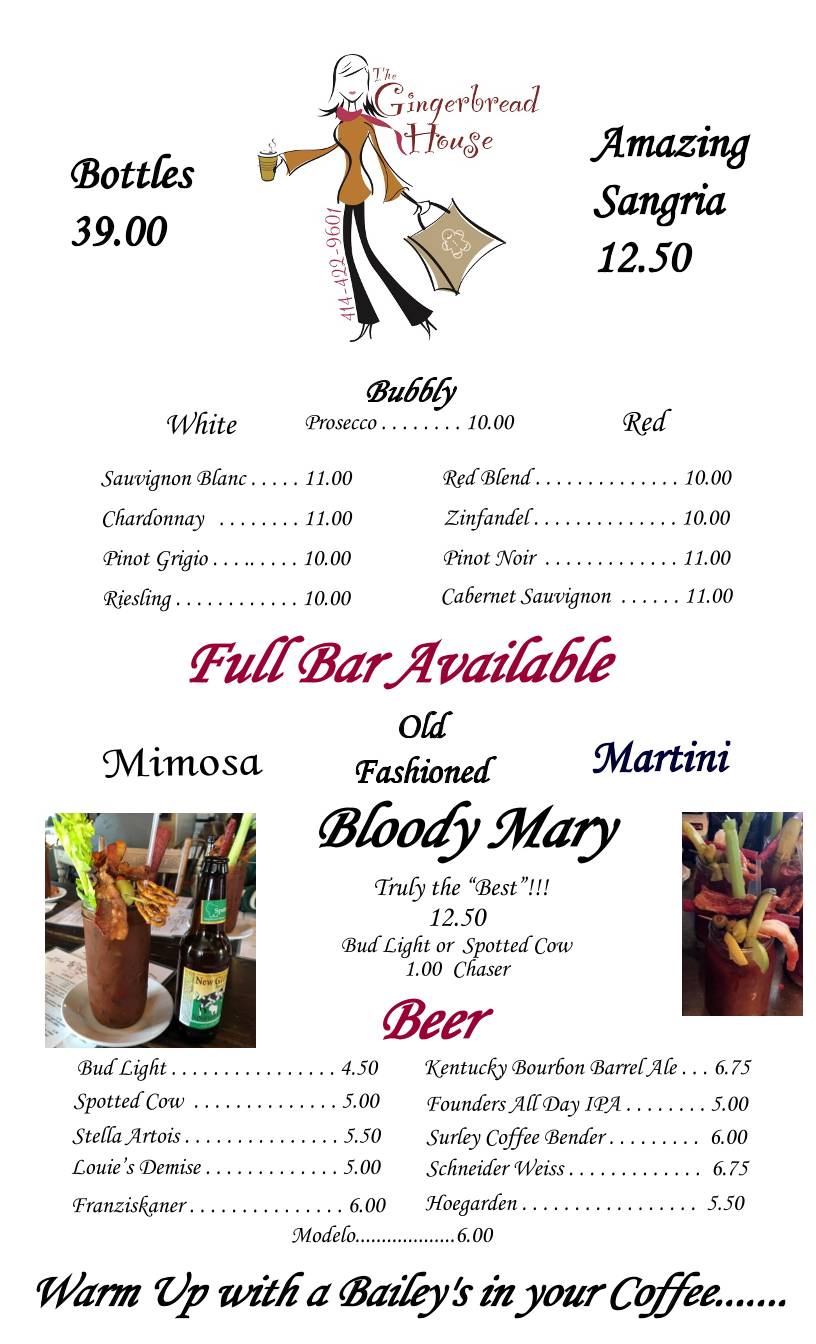 Menu at The Gingerbread House cafe, Muskego