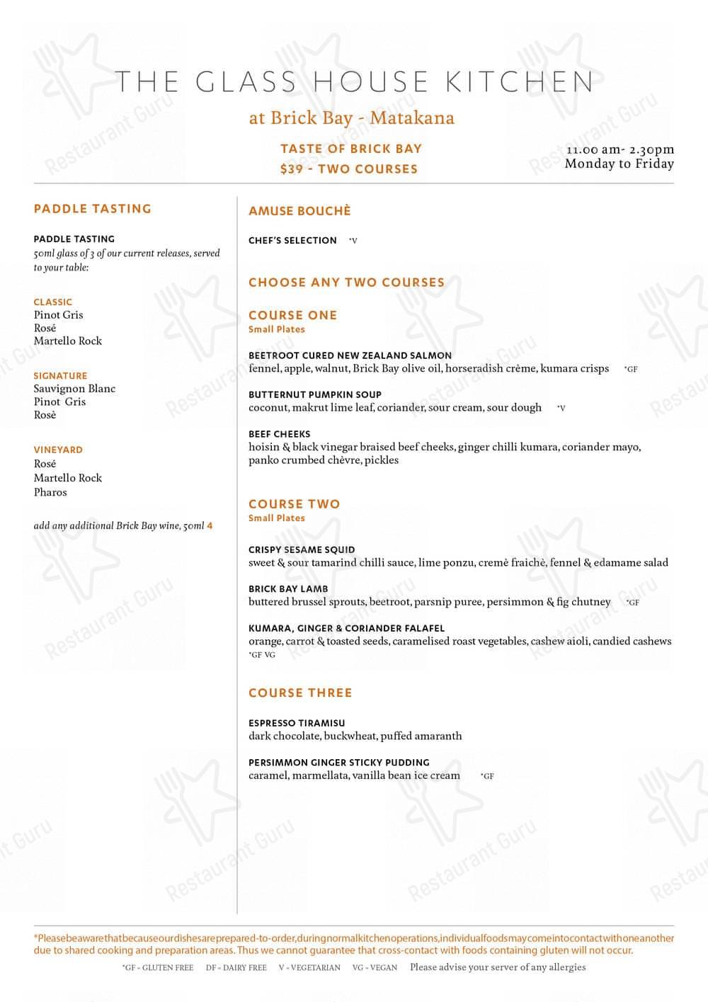 Menu at The Glass House restaurant, Snells Beach