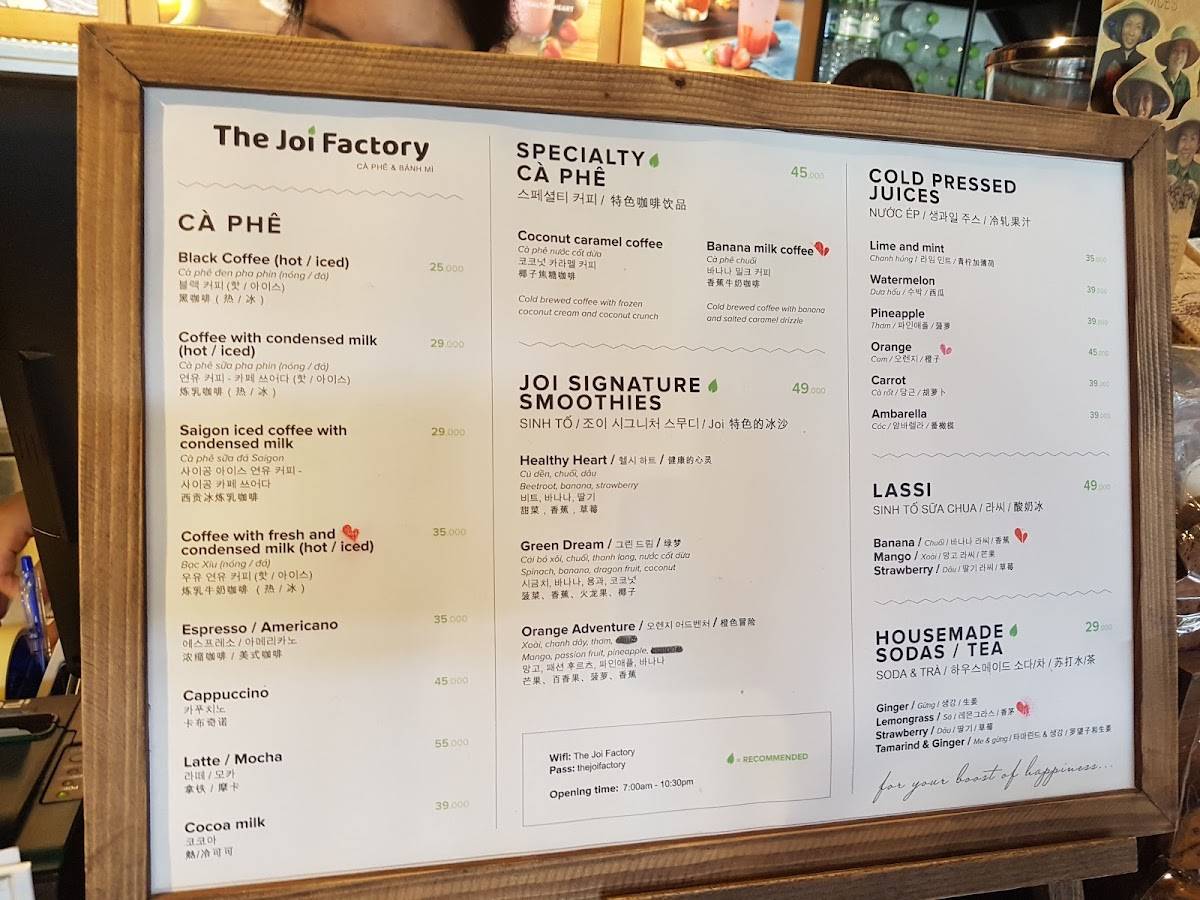 Menu at The Joy Cafe, Da Nang, 7 Nguyễn Thái Học