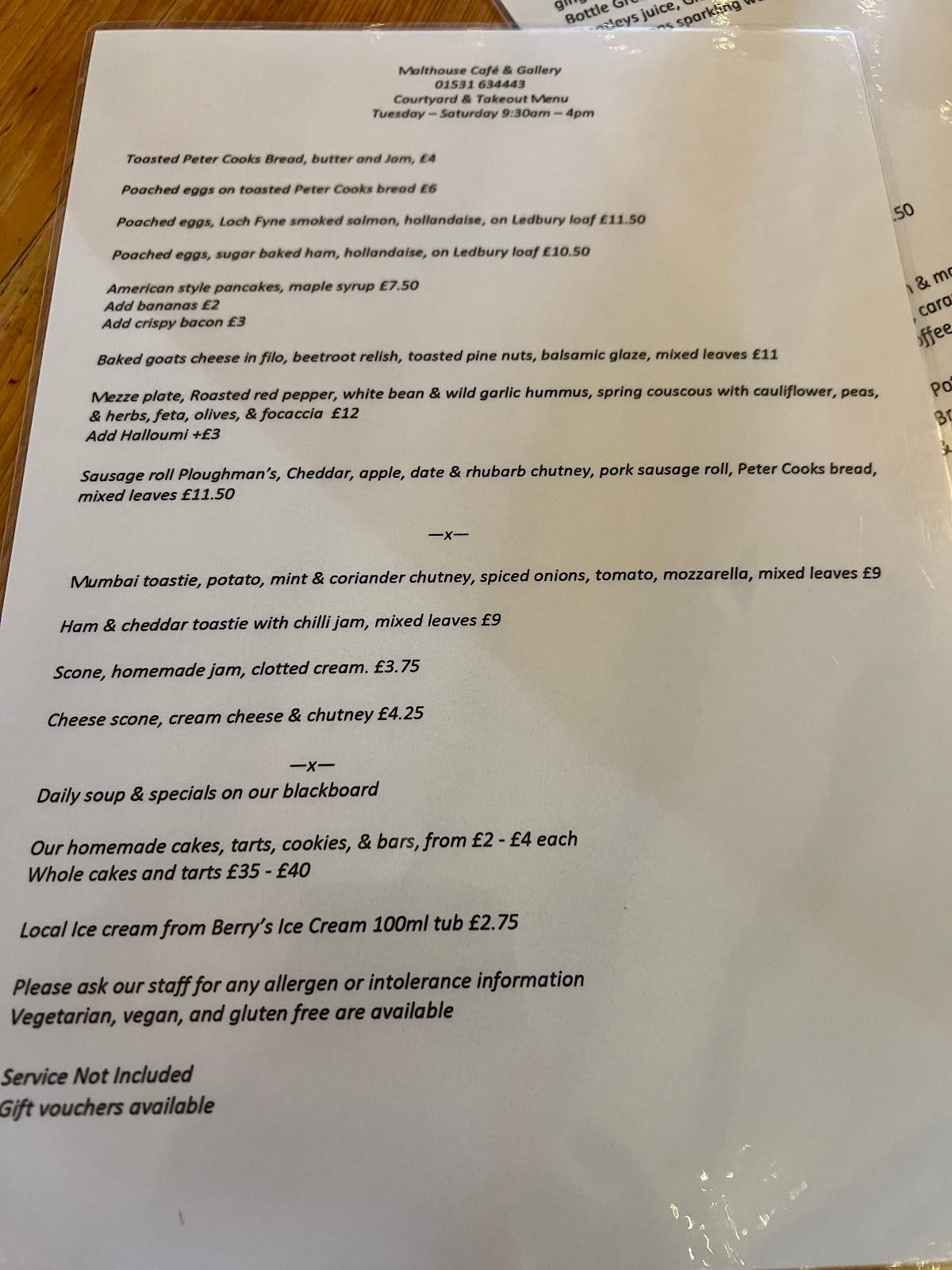 Menu at The Malthouse cafe, Ledbury, Church Ln