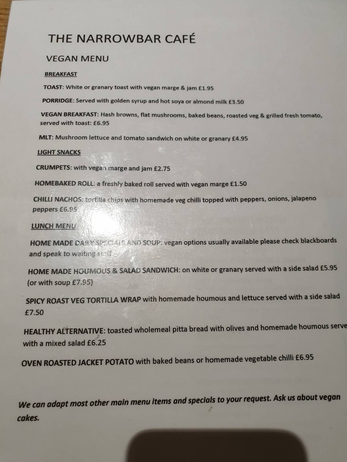 Menu at The Narrowbar Cafe, Penrith