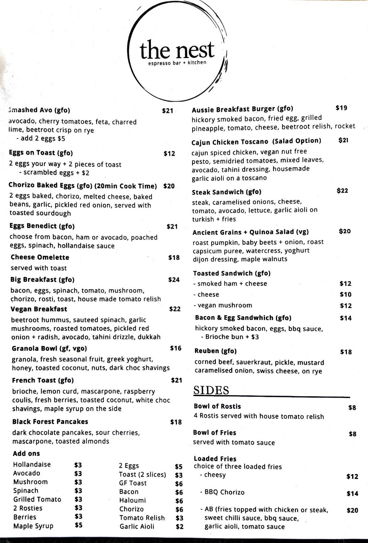 Menu at The Nest Espresso Bar + Kitchen, Thebarton