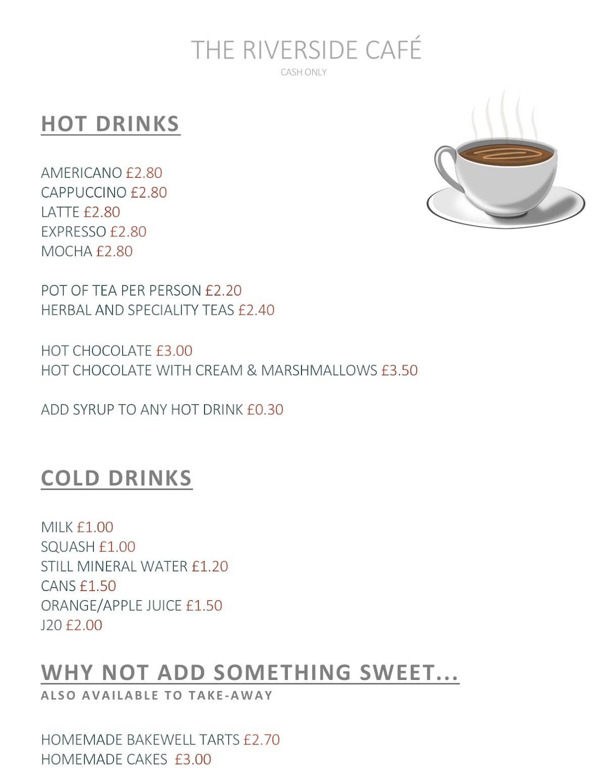 Menu at The Riverside Cafe, Wimborne Minster