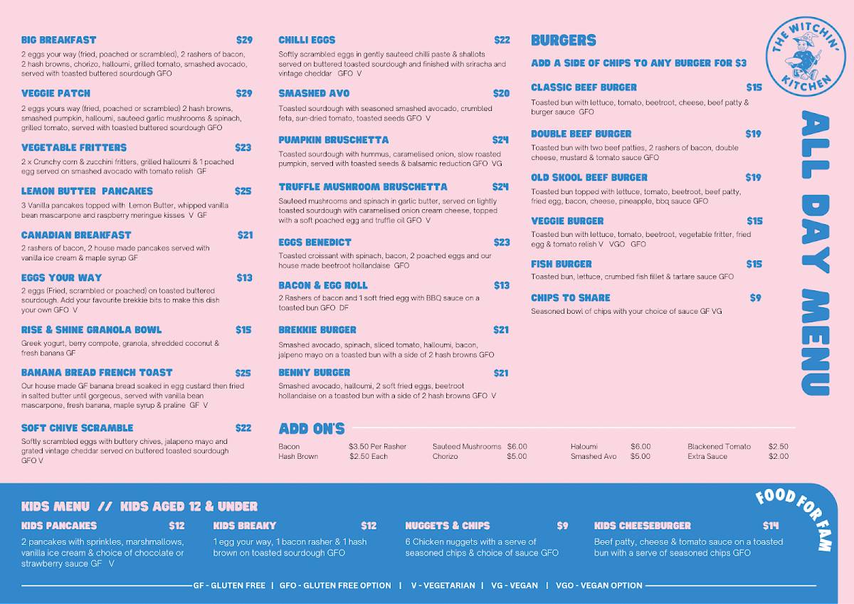 Menu at The Witchin’ Kitchen cafe, Sandgate