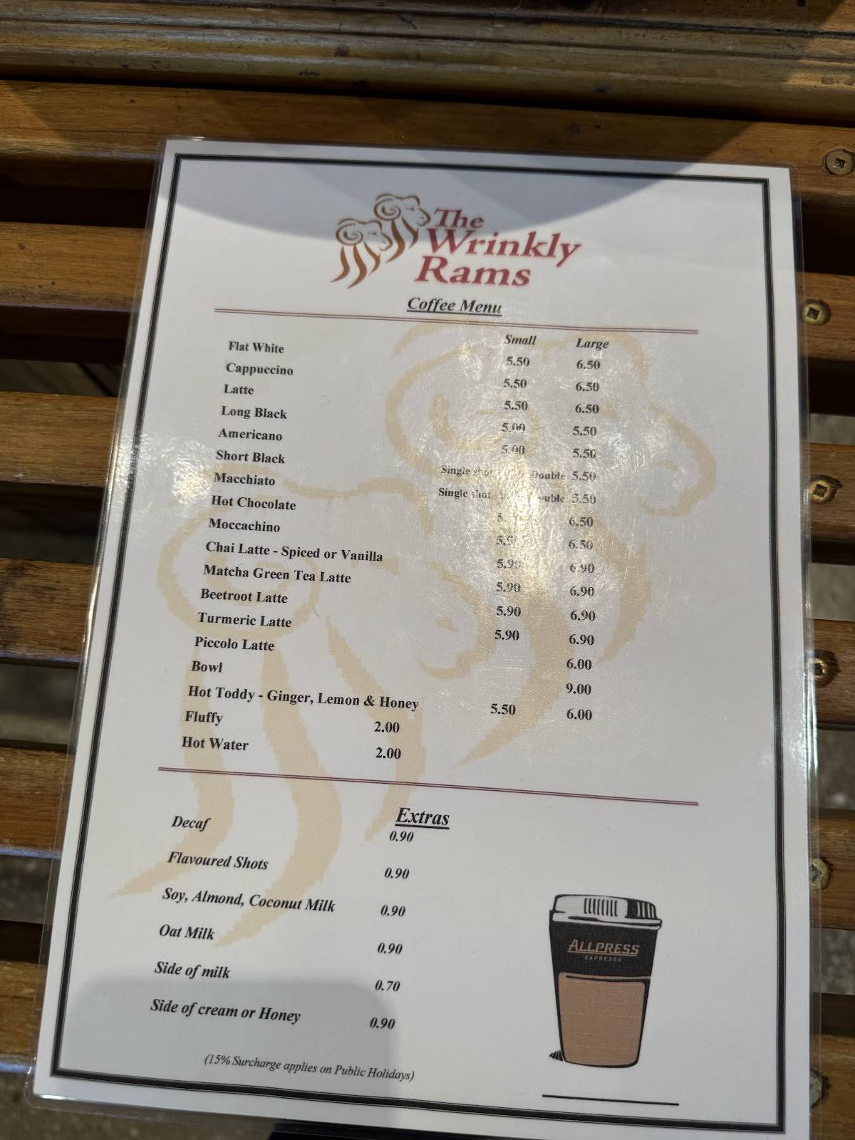 Menu at The Wrinkly Rams cafe, Omarama