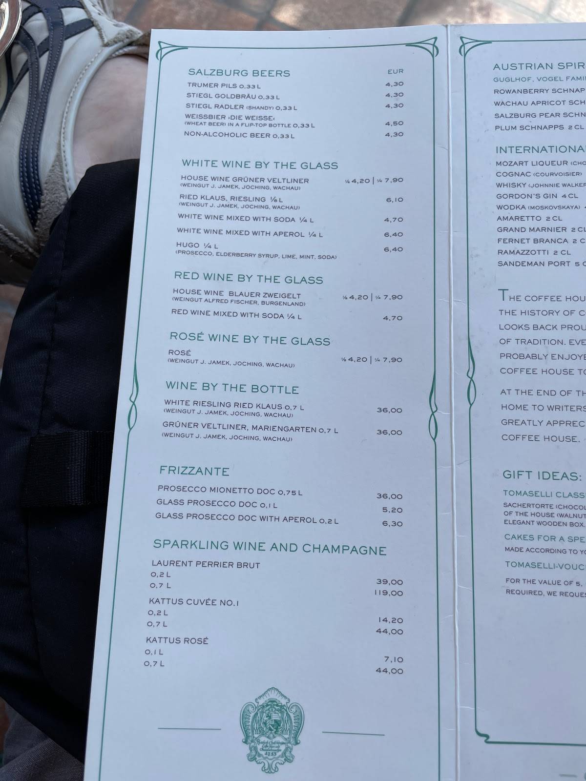 Menu at Café Tomaselli cafe, Salzburg