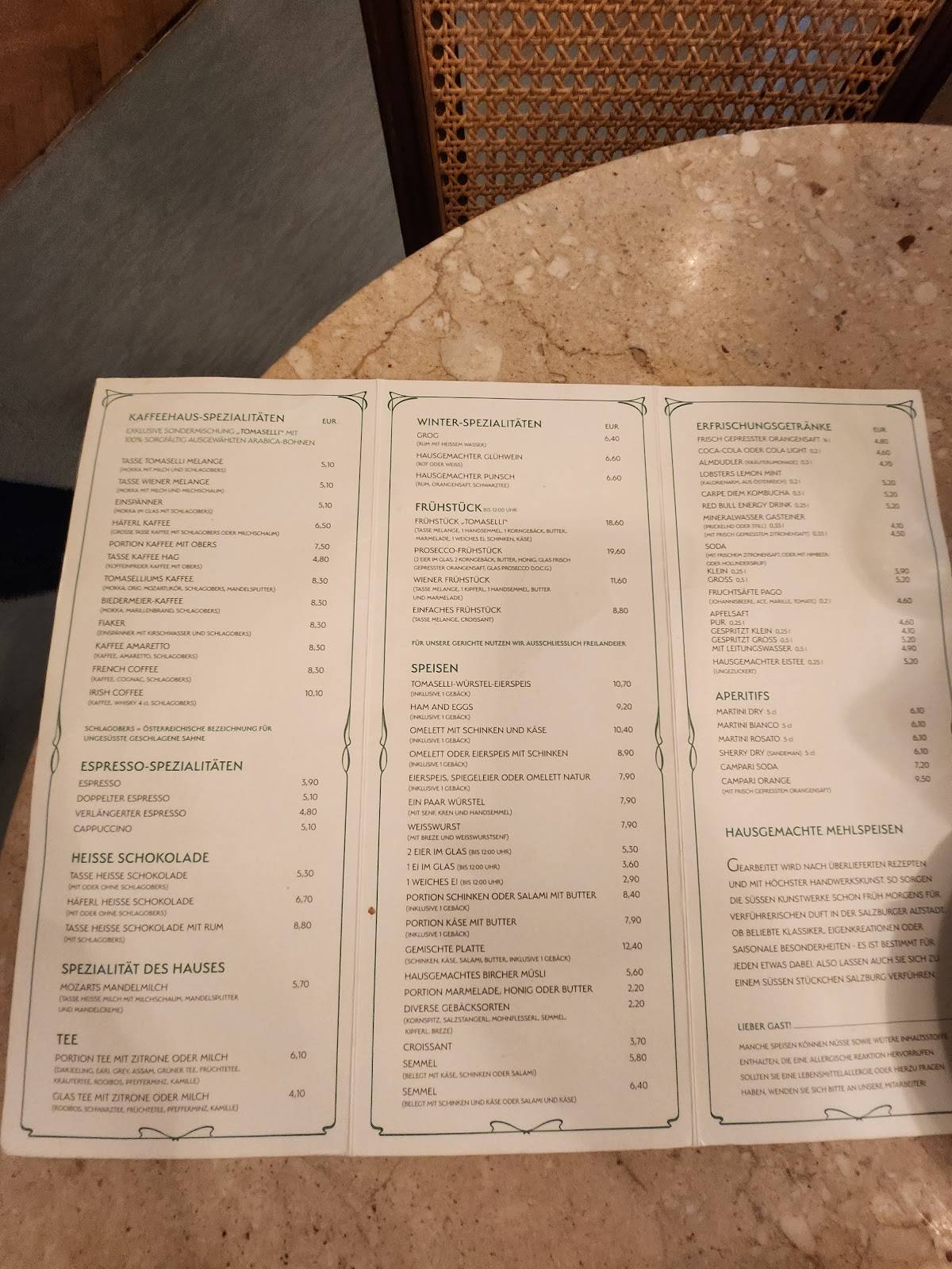 Menu at Café Tomaselli cafe, Salzburg