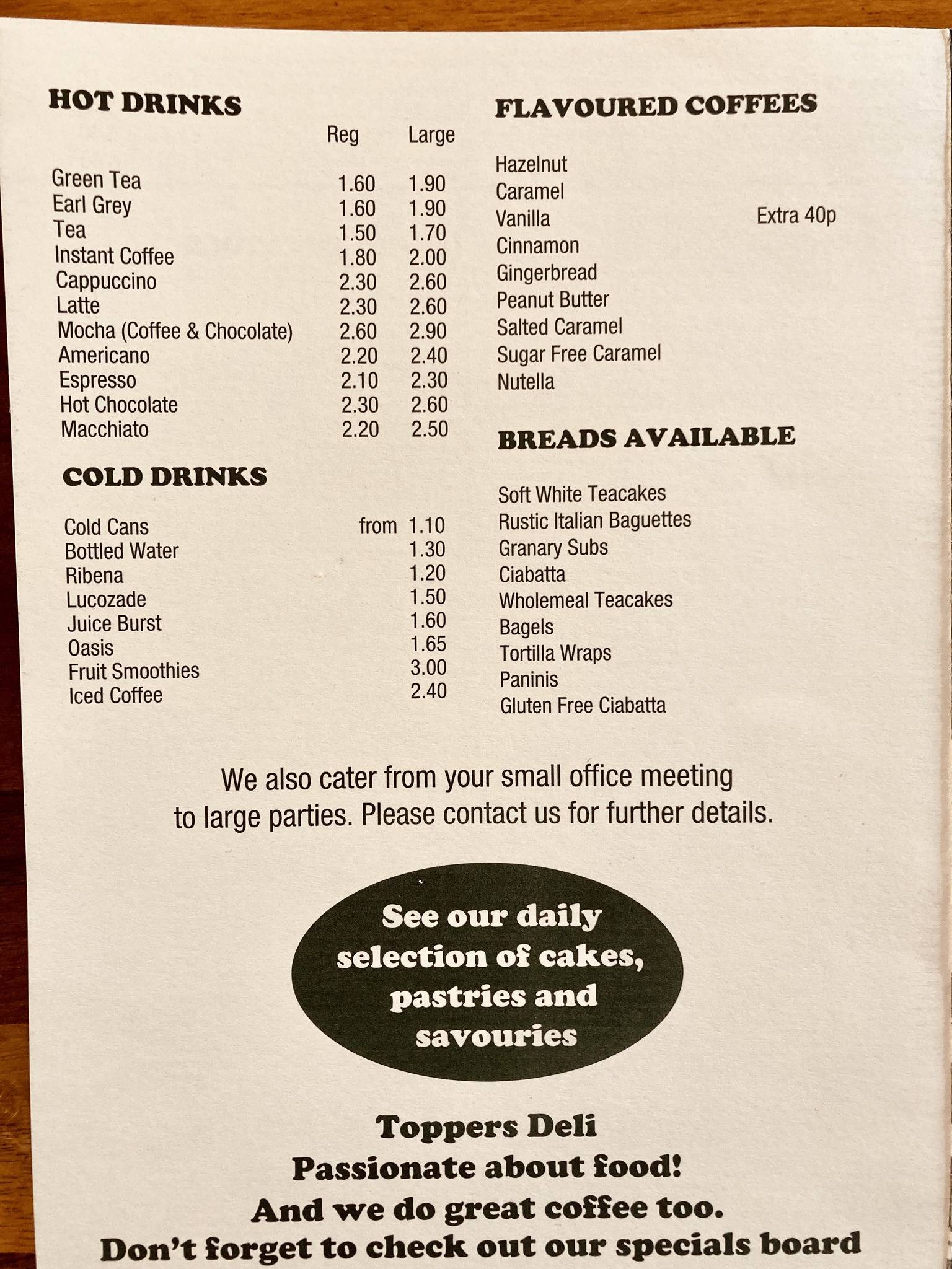 Menu at Toppers Deli cafe, Halifax
