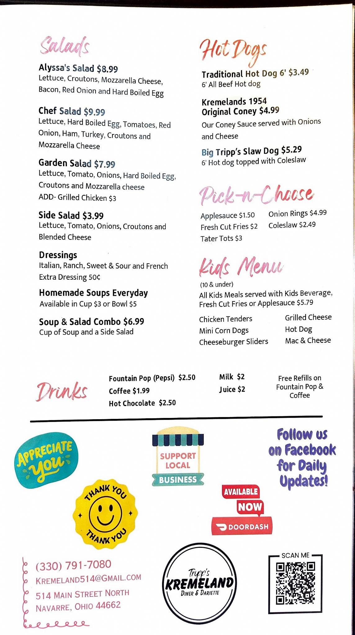 Menu at Tripp's Kremeland cafe, Navarre