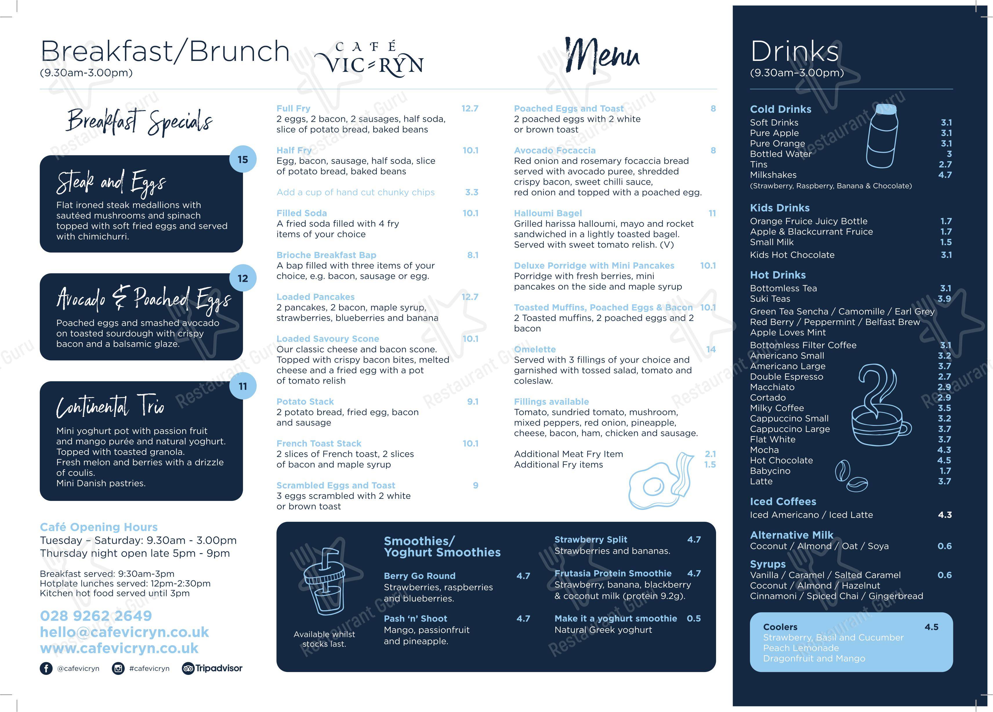 Menu at Cafe Vic-Ryn, Lisburn, House of Vic-Ryn
