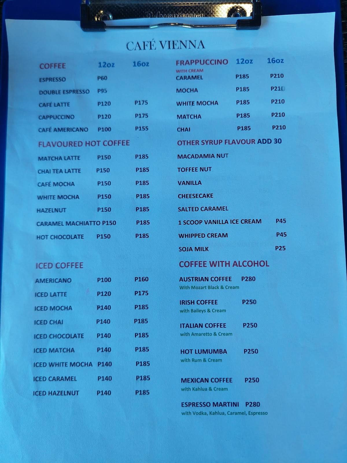 Menu at Cafe Vienna, Davao City