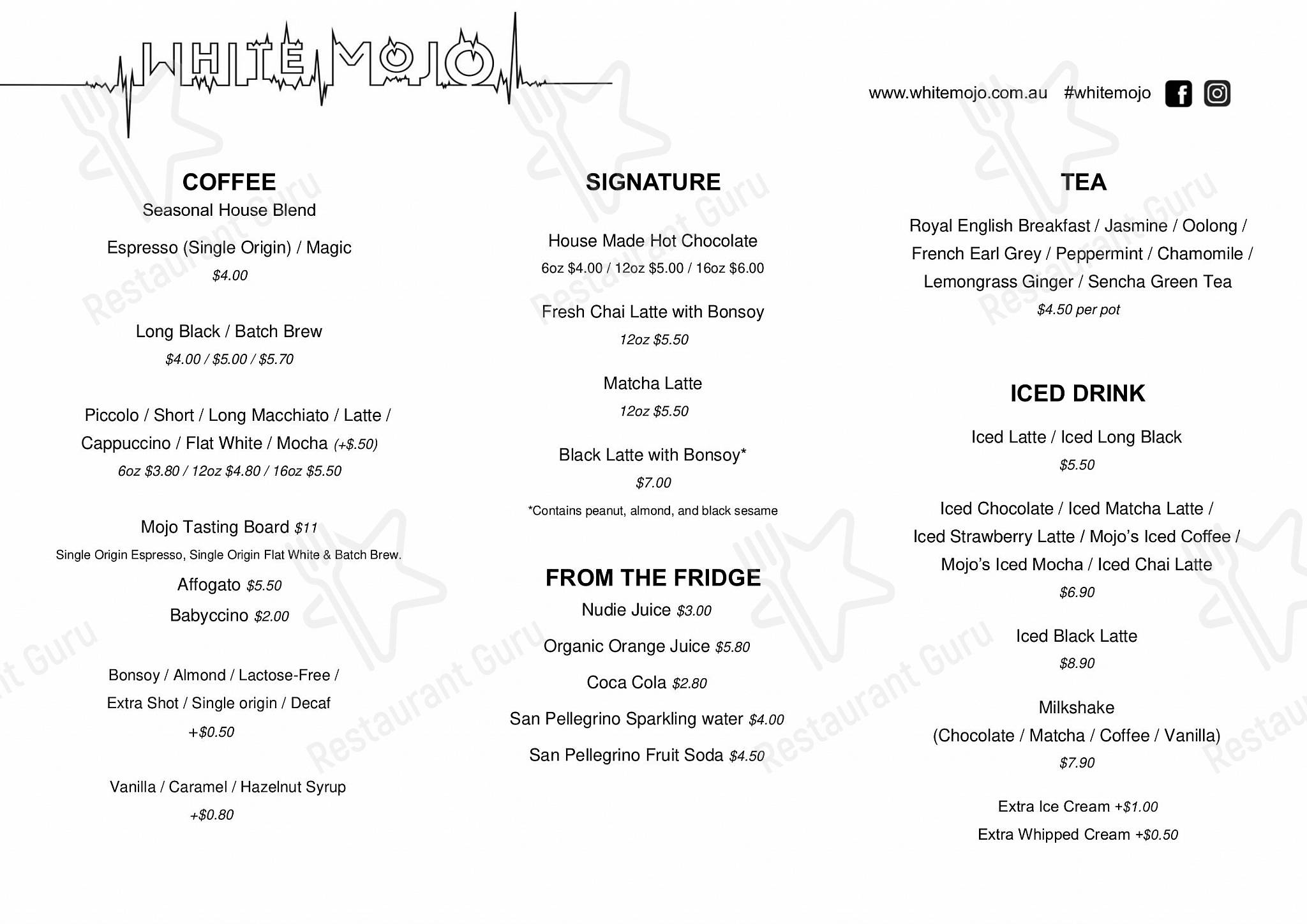 Menu at White Mojo cafe, Ringwood