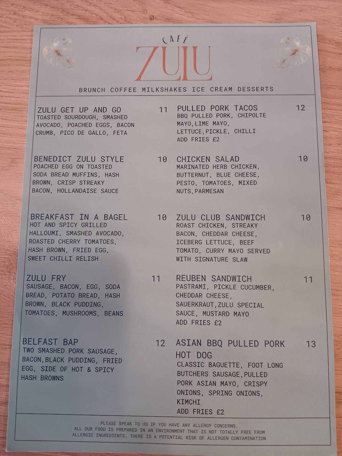 Menu at Cafe Zulu, Lisburn