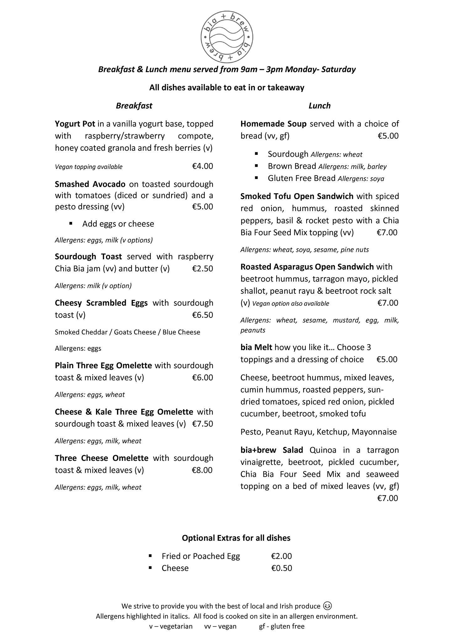 Menu at bia + brew cafe, Tramore