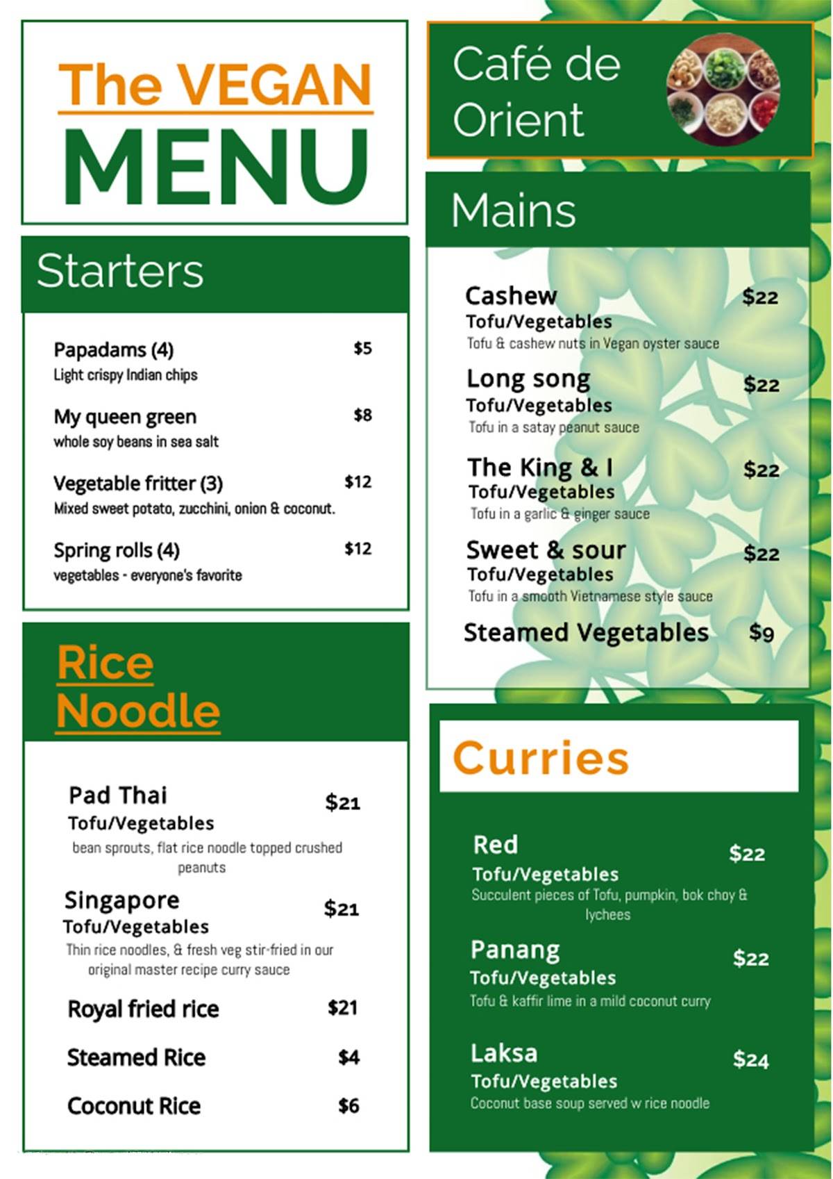 Menu at Cafe de Orient, Palmwoods, 10 Little Main St
