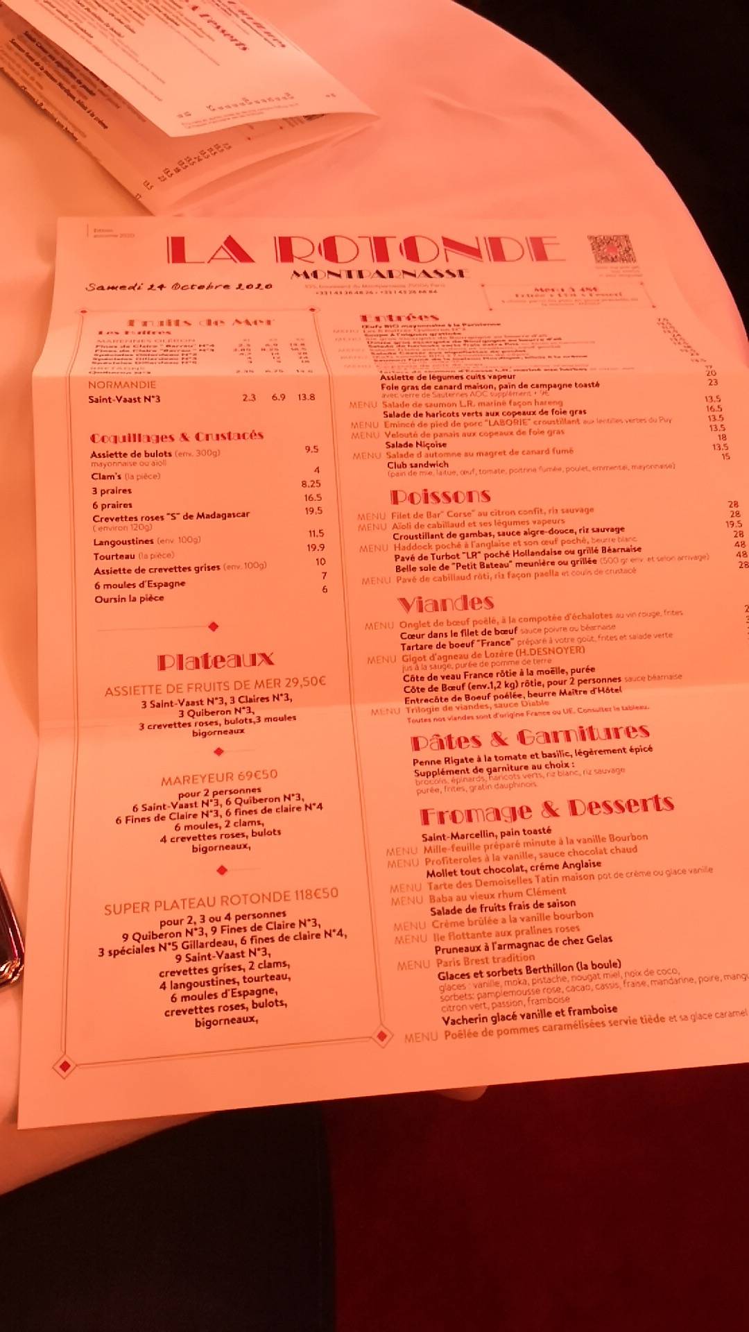 Menu au La Rotonde restaurant, Paris, 105 Boulevard du Montparnasse